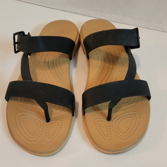 CROCS | Shoes | Crocs Womens Black Tan Flexible Strappy Slide Tulum Toe ...